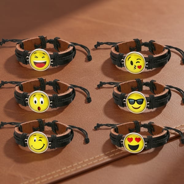 MorningSave: Steeltime Set of 6 Brown Leather Drawstring Assorted Emoji ...