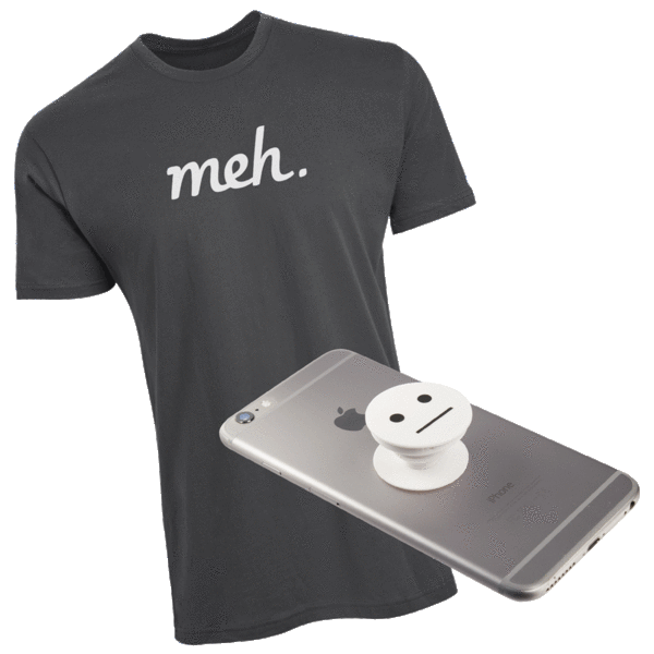 Meh: Heavy Metal Meh Logo Shirt and Meh Face Phone Holder