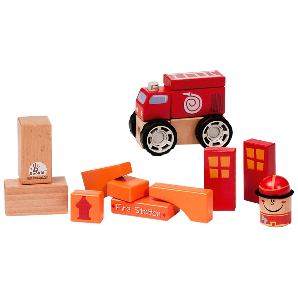 MorningSave: BooKid Wooden Fire Station Blocks - 19 Piece Set