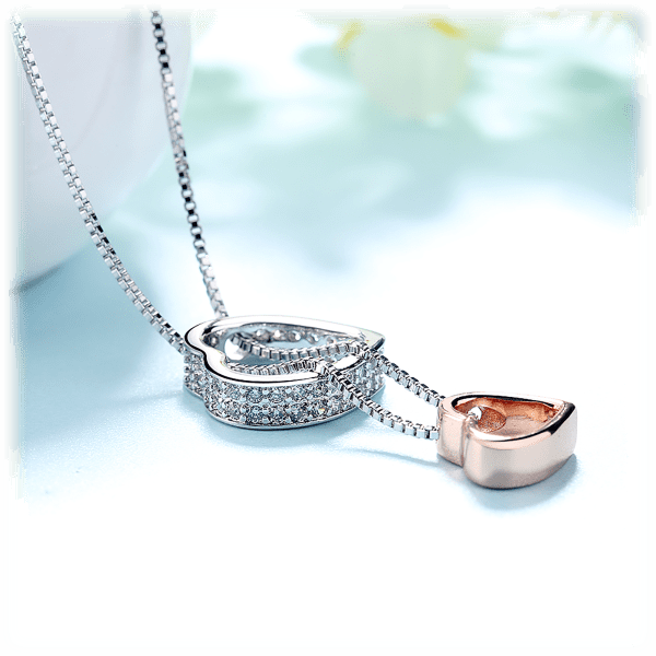 MorningSave: Rose And Lilly Two-Tone Double Heart Crystal Pendant Necklace