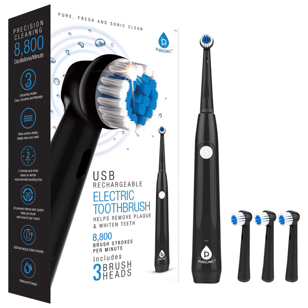 MorningSave: Pursonic USB Rechargeable Round Toothbrush with 3 Brush Heads