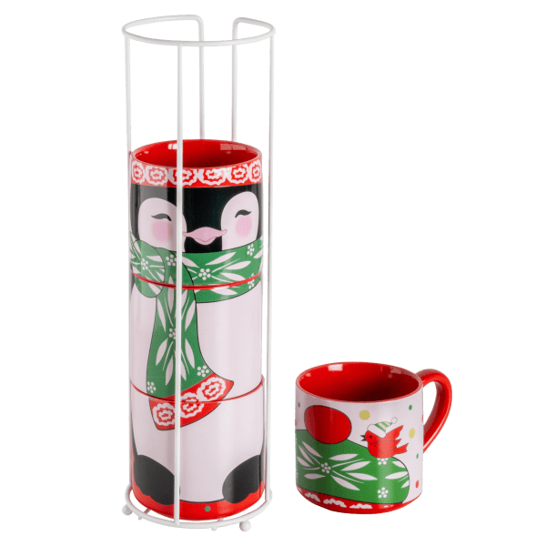 MorningSave: Temp-tations Set of 4 Winter Whimsy Stacking Mugs with Stand
