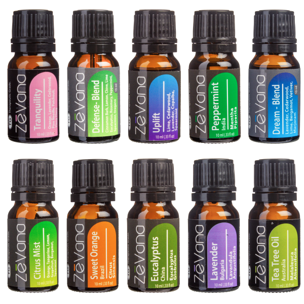 10-Pack ZeVana 10ml 100% Therapeutic Grade Essential Oils with Storage Bag