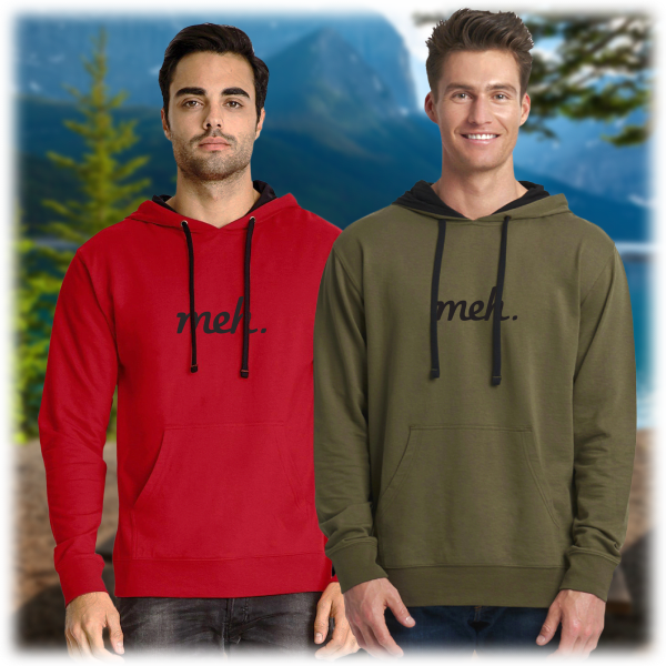 Meh: Military Green and Red Pullover Hoodies with Black Meh Logo