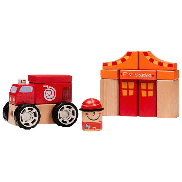 MorningSave: BooKid Wooden Fire Station Blocks - 19 Piece Set